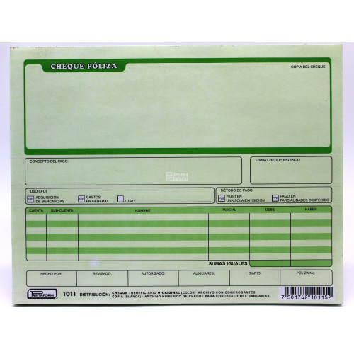 Papelería Comercial - 1011 POLIZA DE CHEQUE 1/2 OFICIO